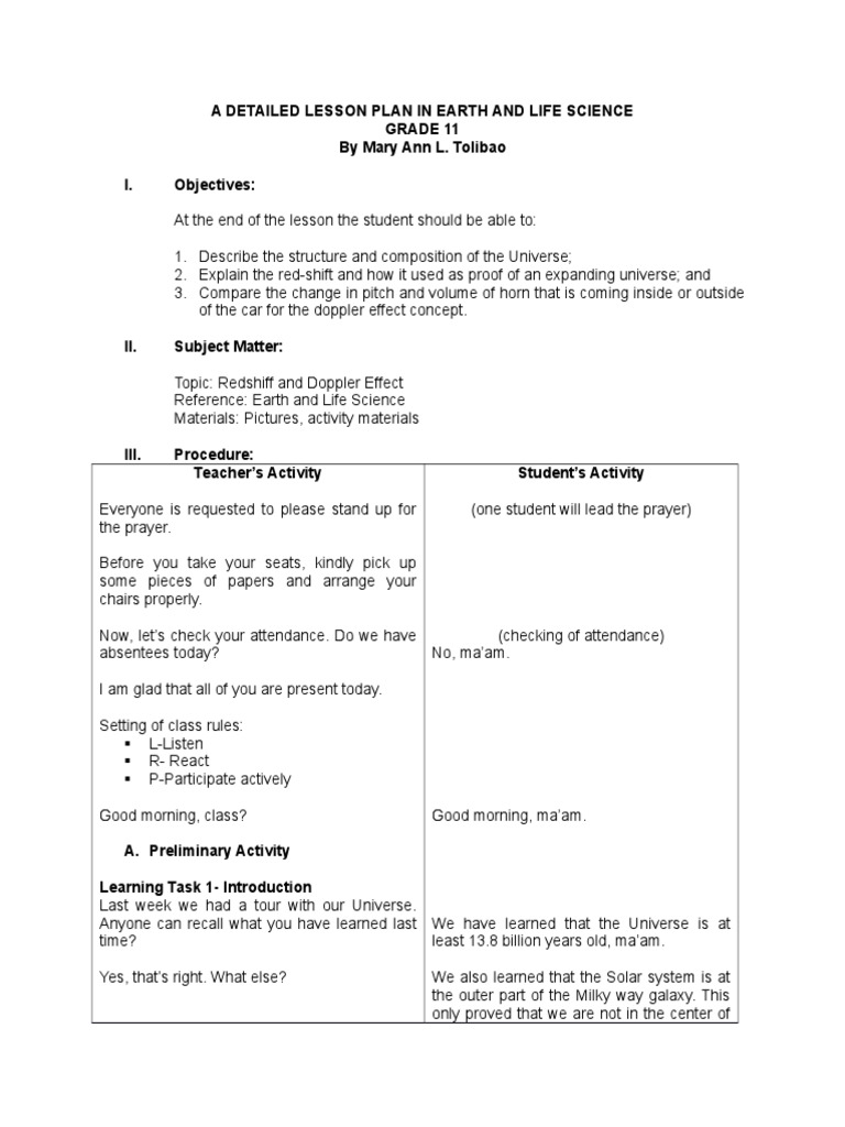 Lesson Plan in Earth and Life | PDF | Redshift | Electromagnetic Spectrum
