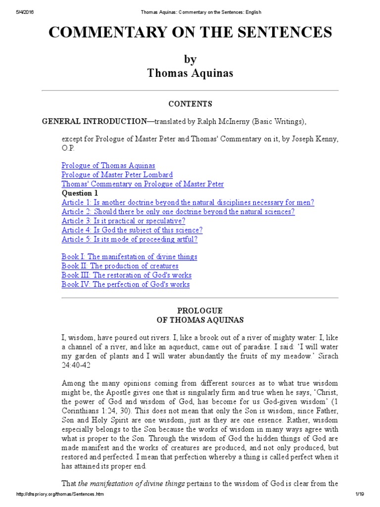 Thomas Aquinas - Commentary On The Sentences - English | PDF | God The ...