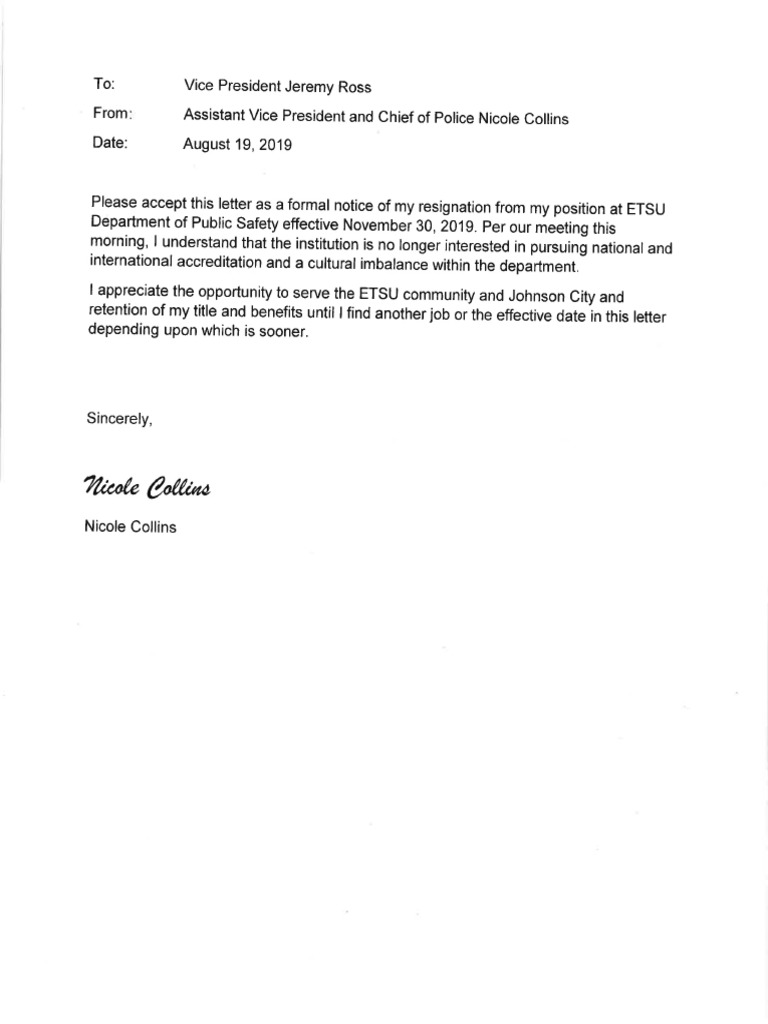 Chief Nicole Collins Resignation | PDF