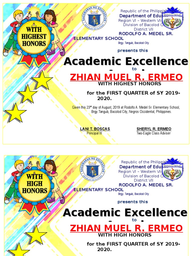 Academic Excellence Award Certificates Q1 SY19-20 | PDF | Philippines