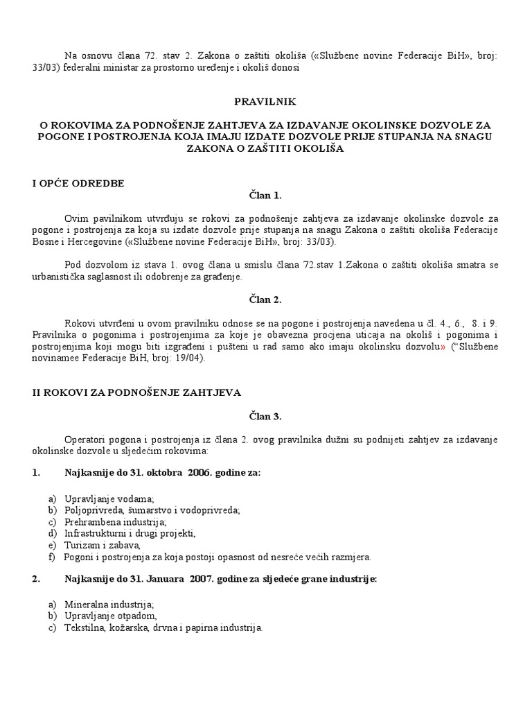 Pravilnik-Rokovi Za Podnosenje Zahtjeva Za Izdavanje Okolinske dozvole-FBiH | PDF