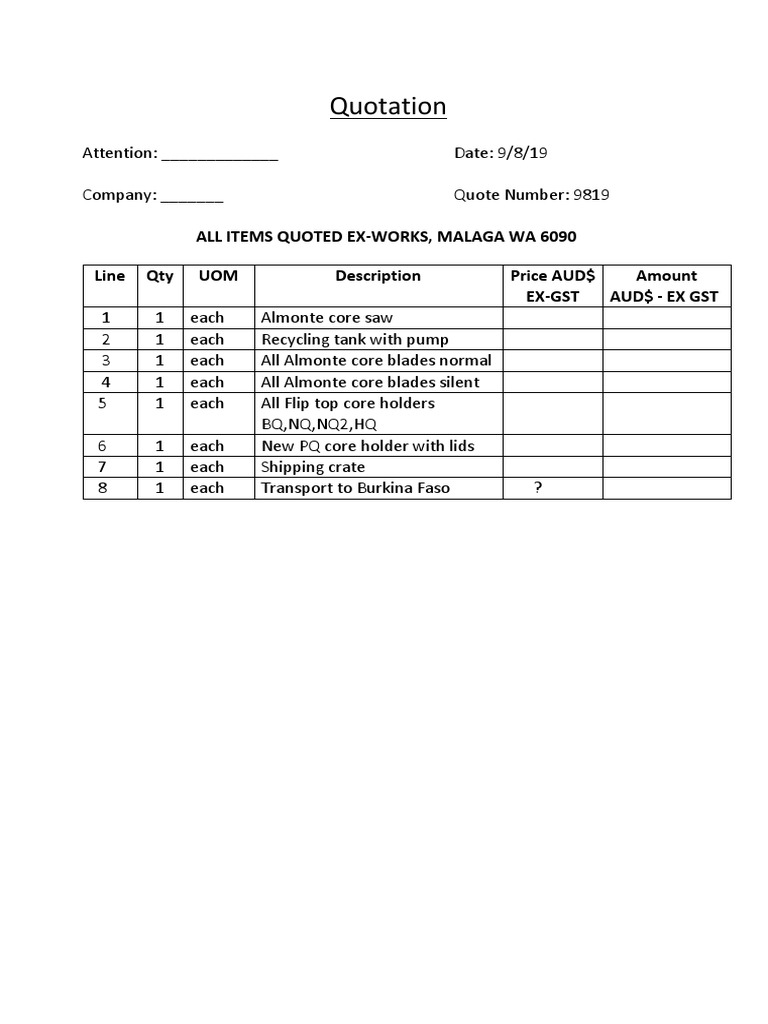 Quotation: All Items Quoted Ex-Works, Malaga Wa 6090 Line Qty UOM ...