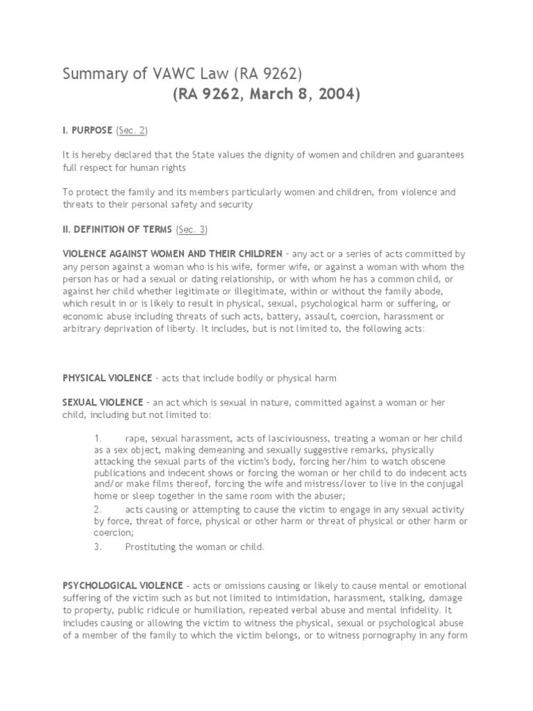 Summary of VAWC Law (RA 9262) | PDF | Psychological Abuse | Domestic ...