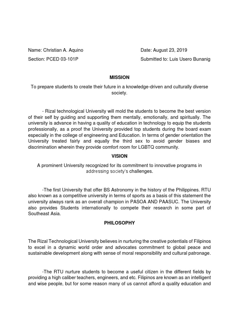Rti Mission and Vision | PDF | University | Physical Education