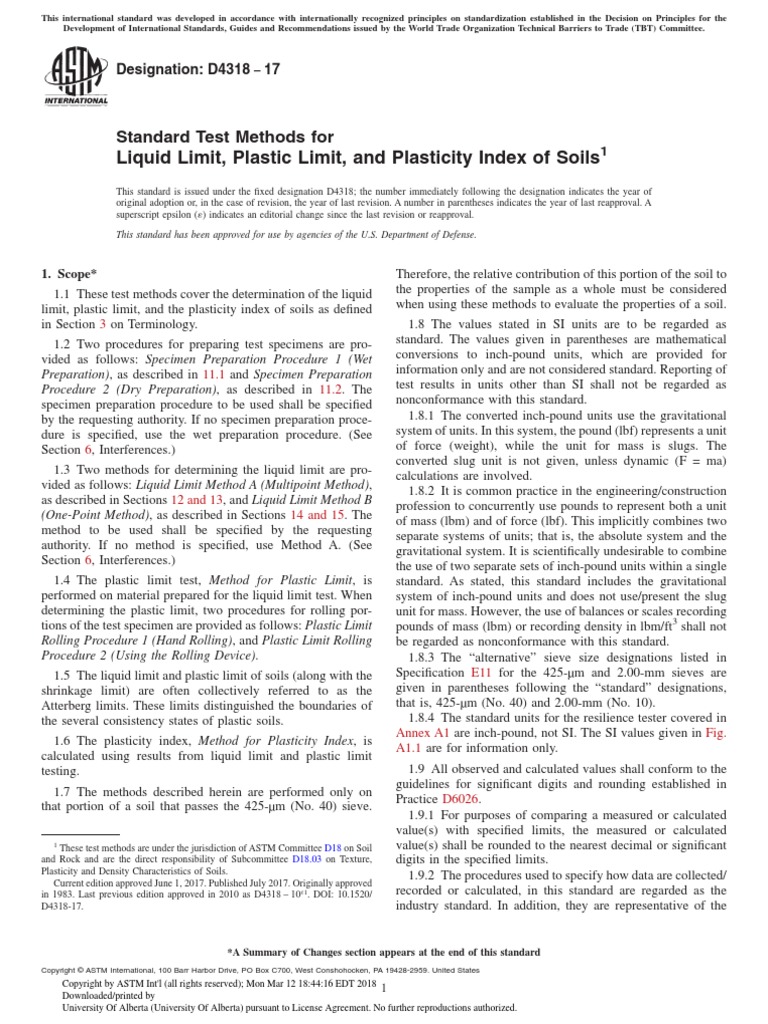 ASTM D4318-17 Liquid Limit, Plastic Limit, and Plasticity Index PDF ...