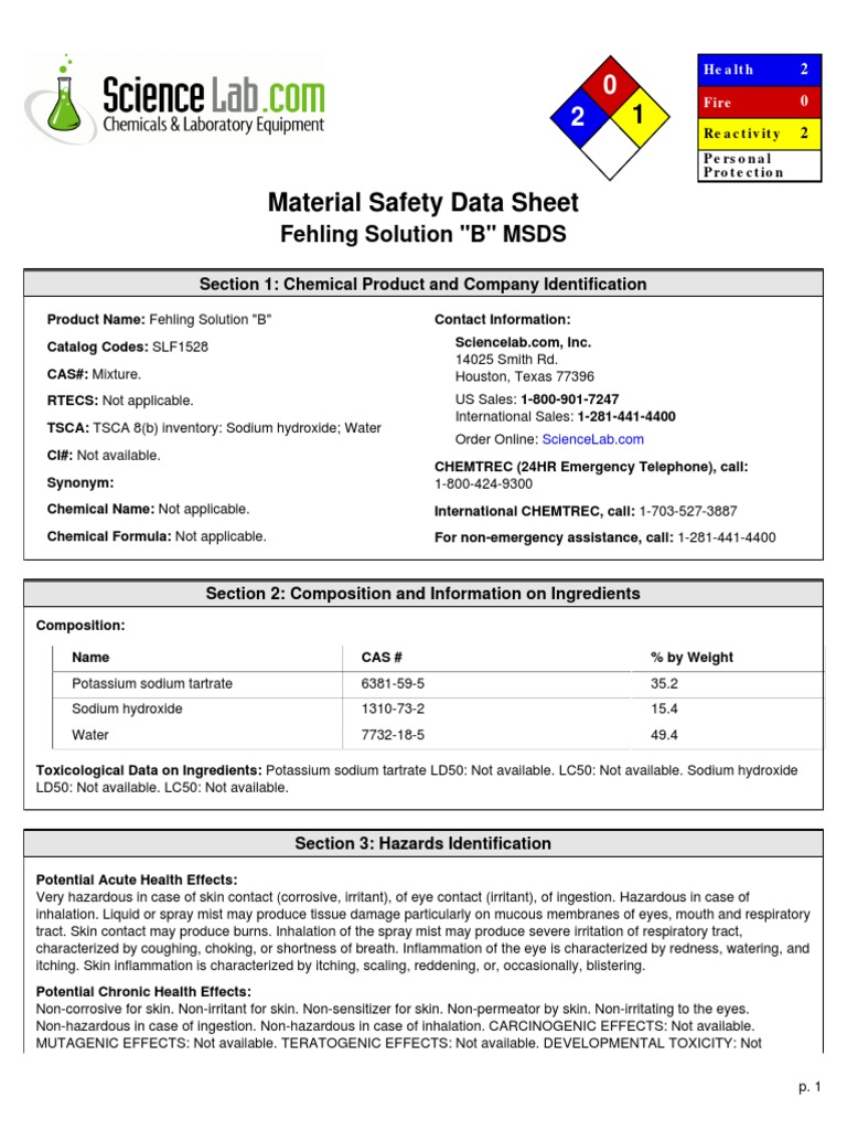 Fehling Solution "B" MSDS: Section 1: Chemical Product and Company ...