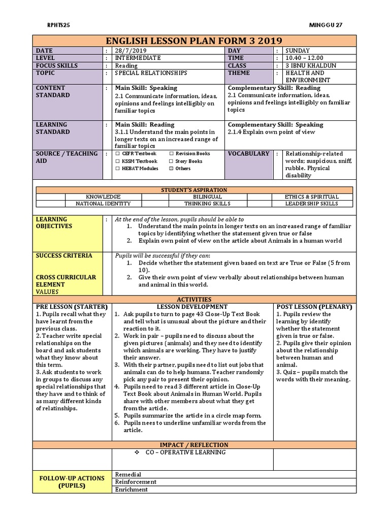 English Lesson Plan Form 3 2019 | PDF | Lesson Plan | Learning