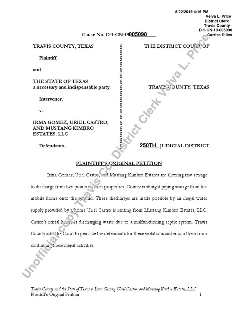 Travis County vs. IRma Gomez, Uriel Castro and Mustang Kimbro Estates ...