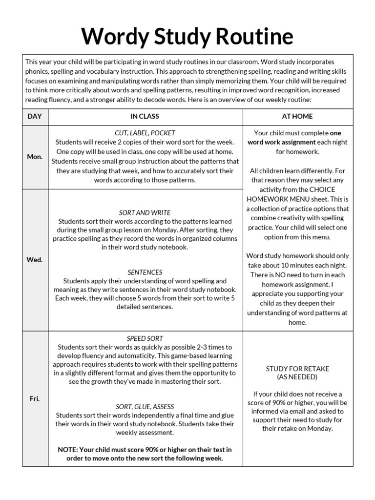 Wordy Study Routine - Parent Communication | PDF | Homework | Phonics