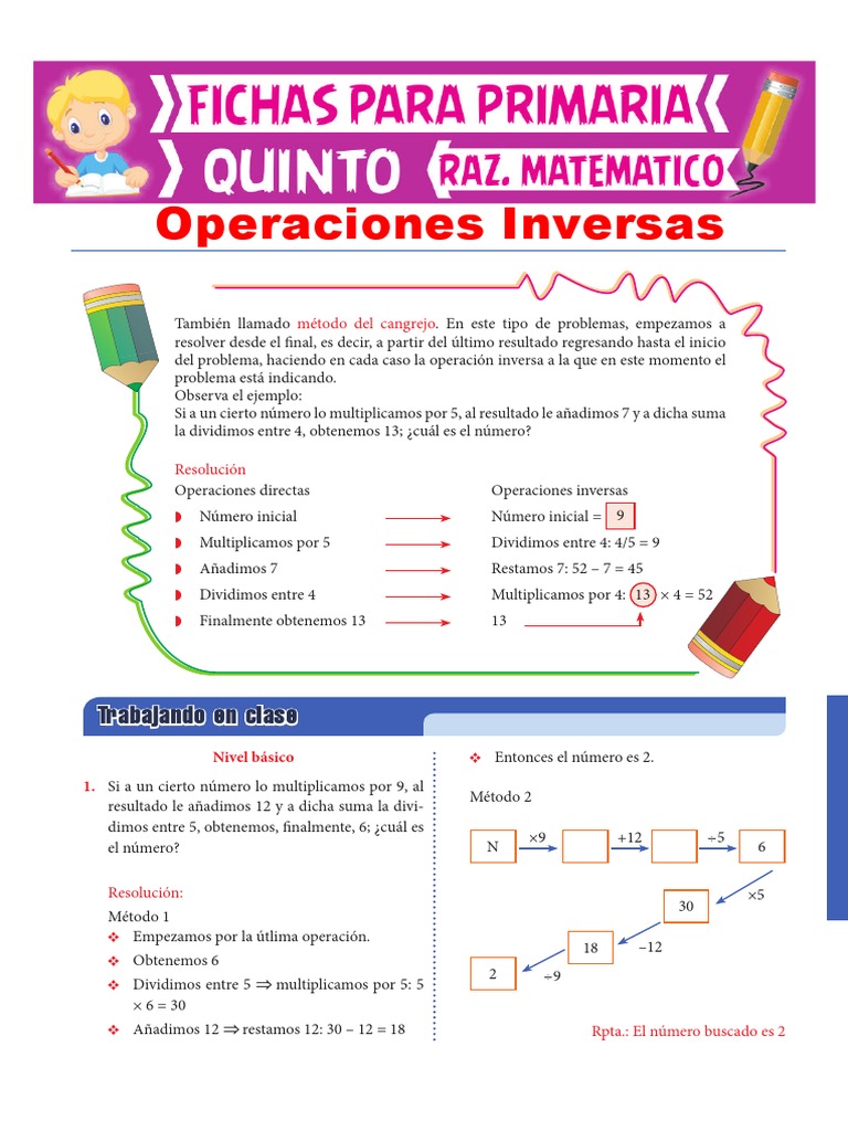 Operaciones Inversas para Quinto de Primaria | PDF | Enseñanza de ...