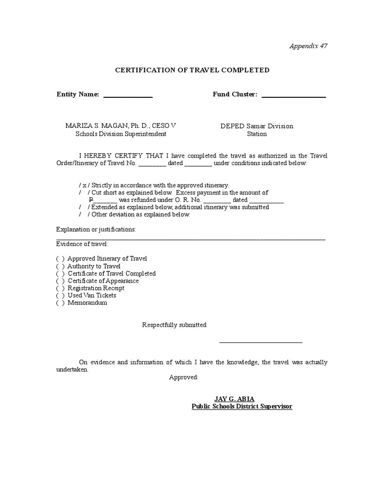 Certification of Travel Completed: DEPED Samar Division | PDF