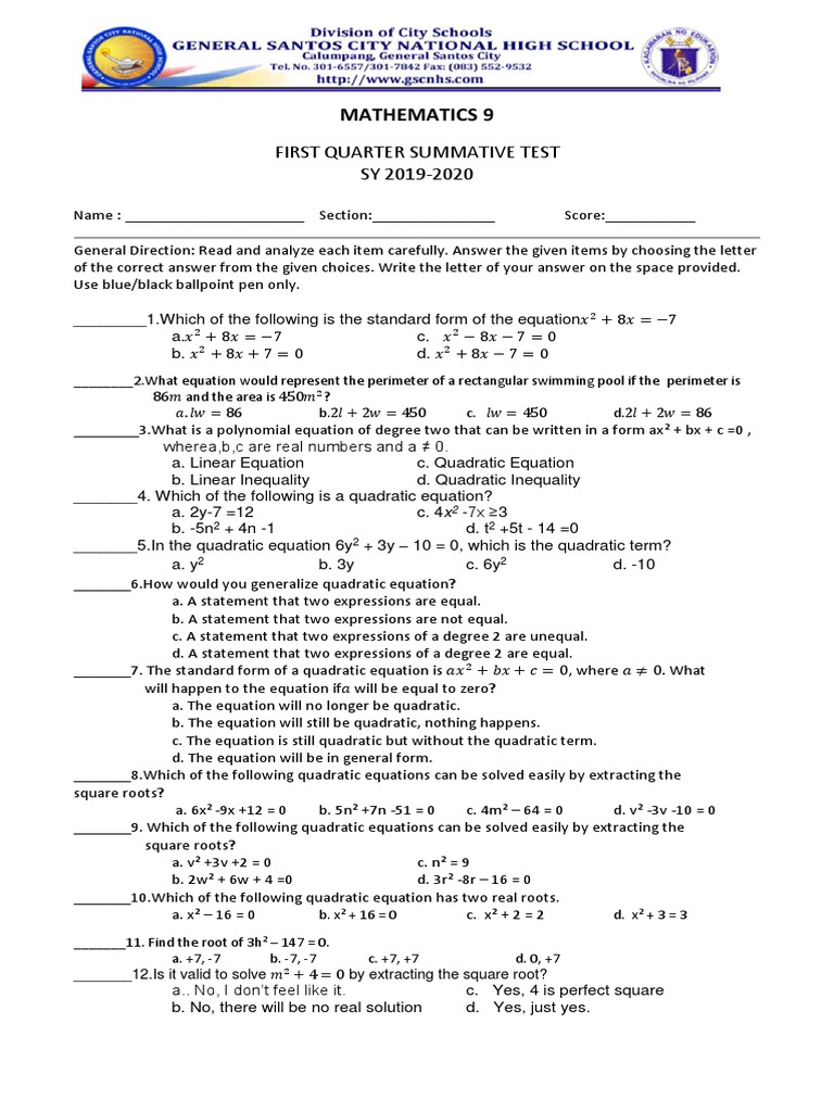 MATHEMATICS 9 1st Grading Summative 2019-2020 | PDF | Quadratic ...