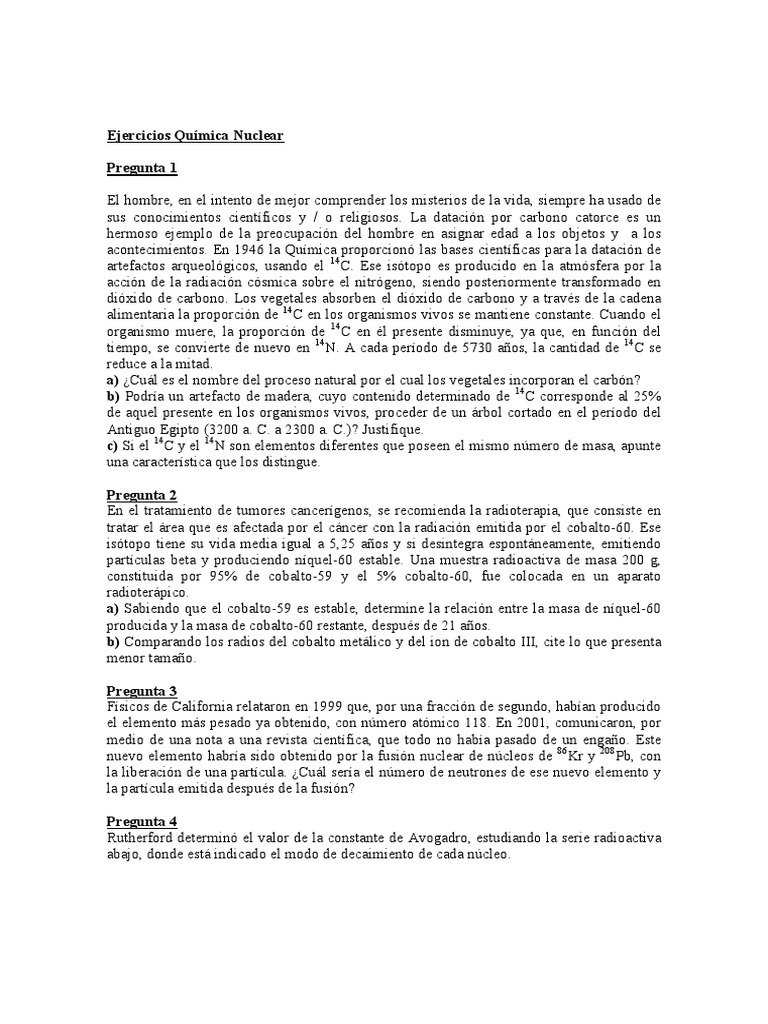 Ejercicios de Química Nuclear | PDF | Desintegración radioactiva ...