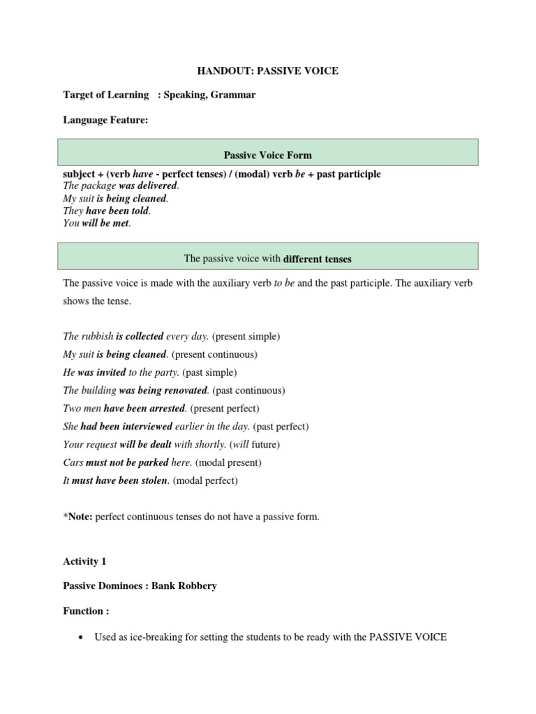 Passive Voice Grammar Guide | PDF | Perfect (Grammar) | Verb