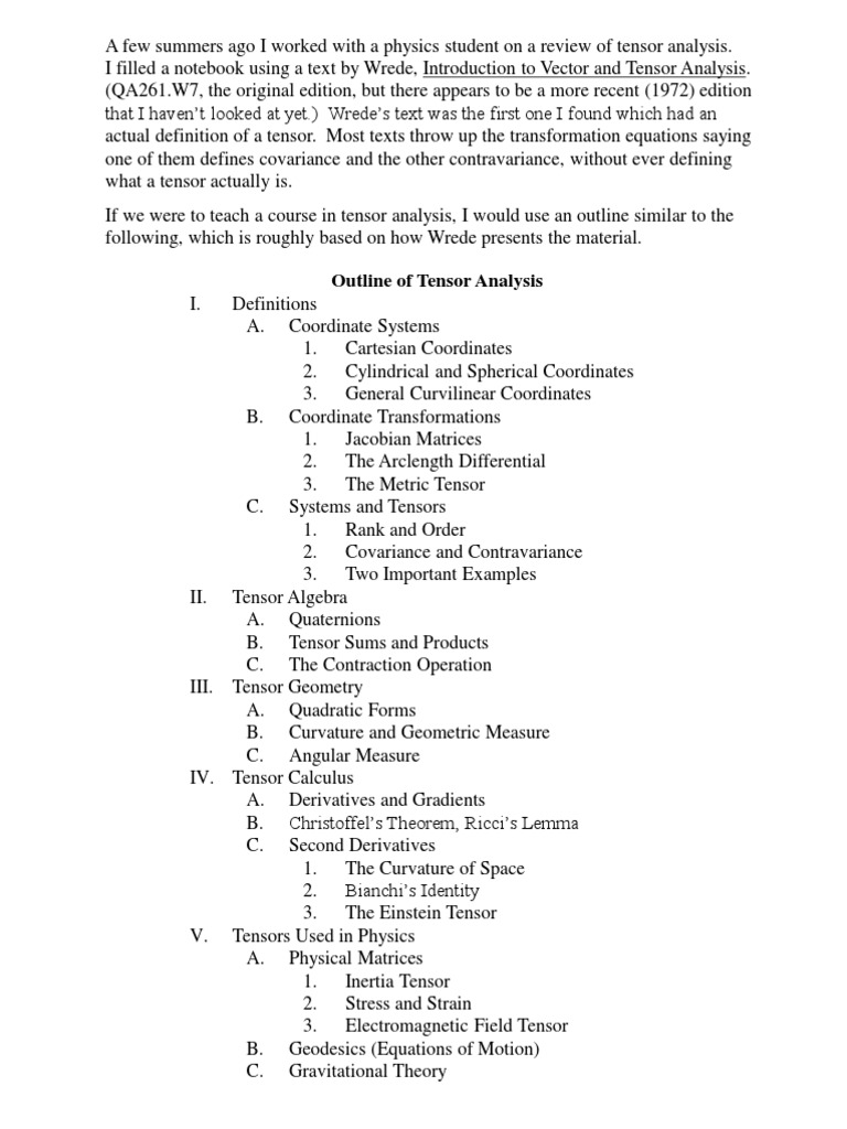 An Outline for Teaching Tensor Analysis Based on Wrede's Introduction to Vector and Tensor ...