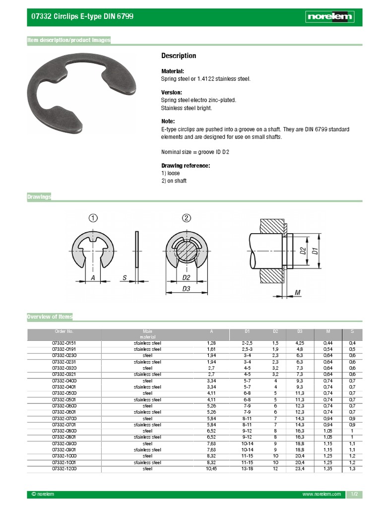 Circlips E-Type DIN 6799: Description | PDF | Metals | Steel