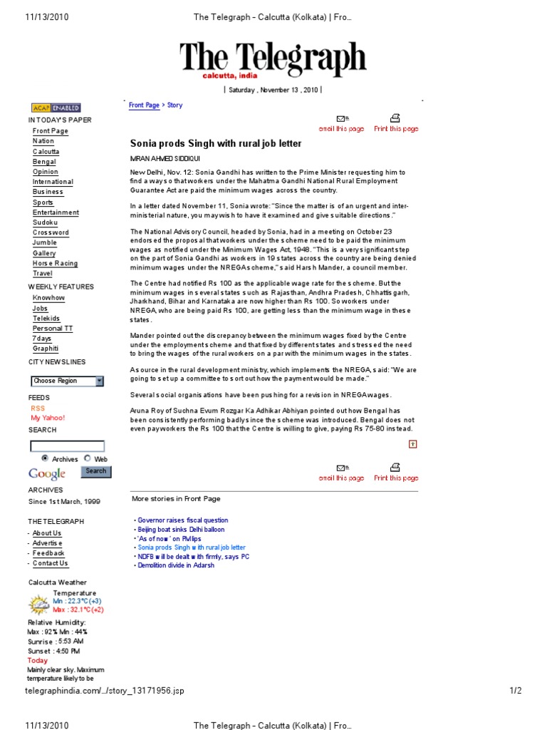 The Telegraph - 13 Nov 2010 - Sonia Prods Singh With Rural Job Letter ...