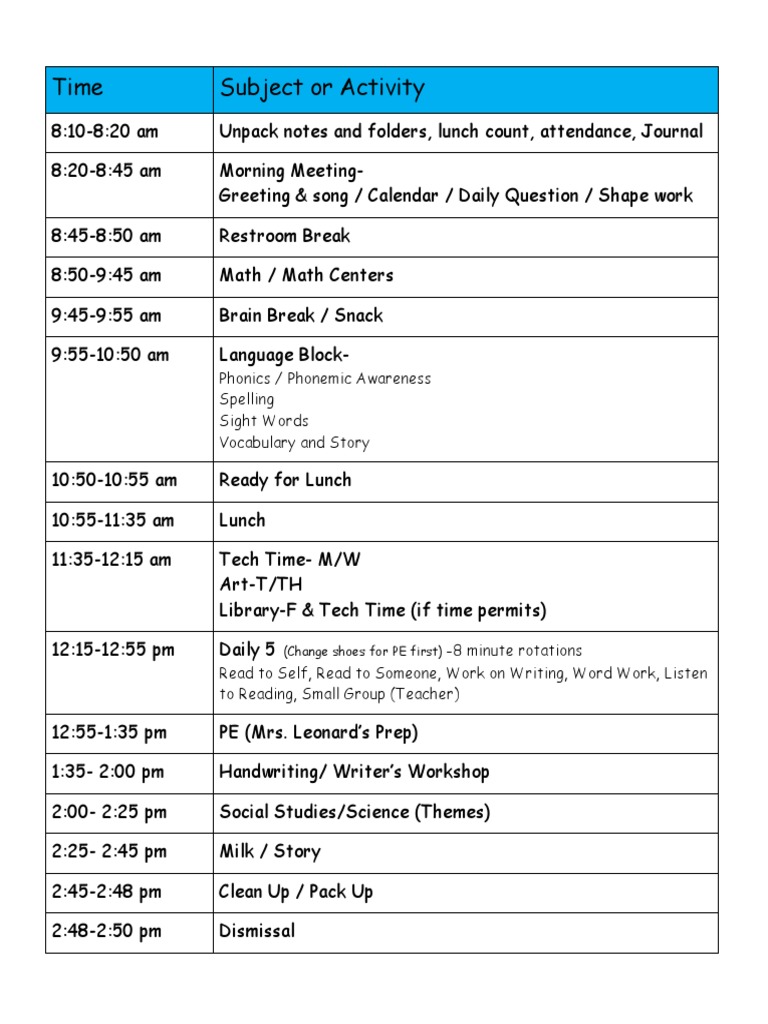 Time Subject or Activity: Phonics / Phonemic Awareness Spelling Sight ...