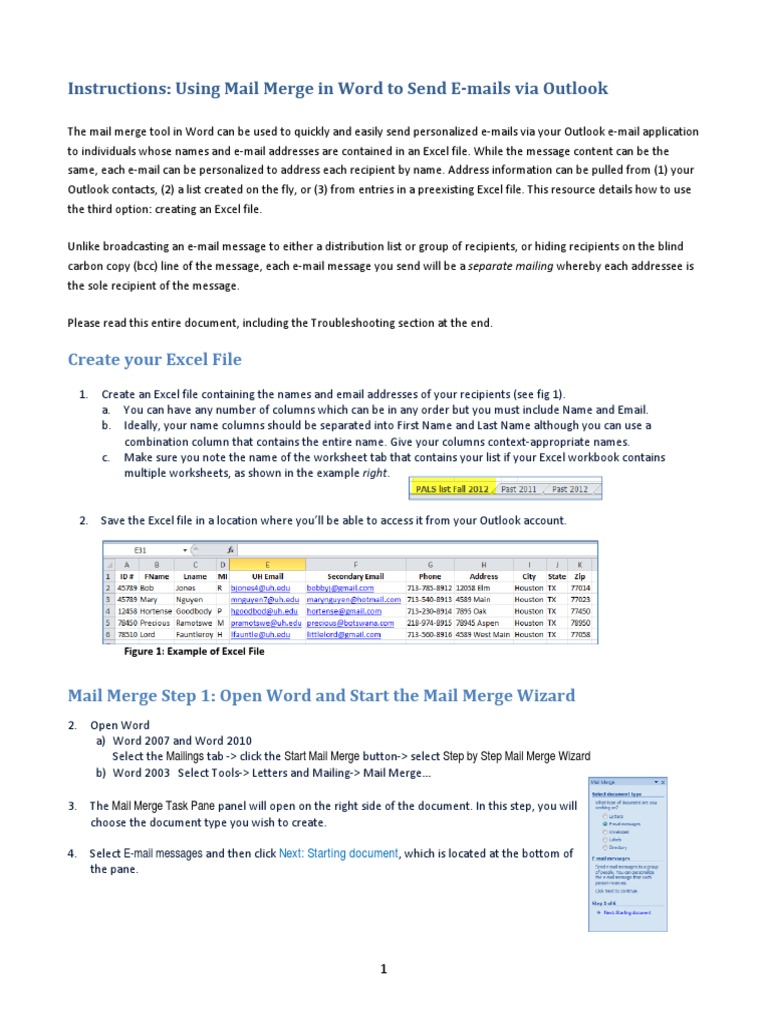Mail Merge Outlook Instructions | PDF | Microsoft Excel | Comma