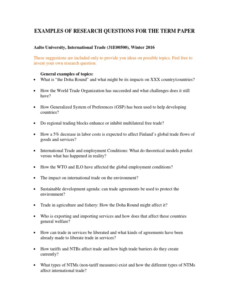 Research Questions on International Trade | PDF | Trade | World Trade ...