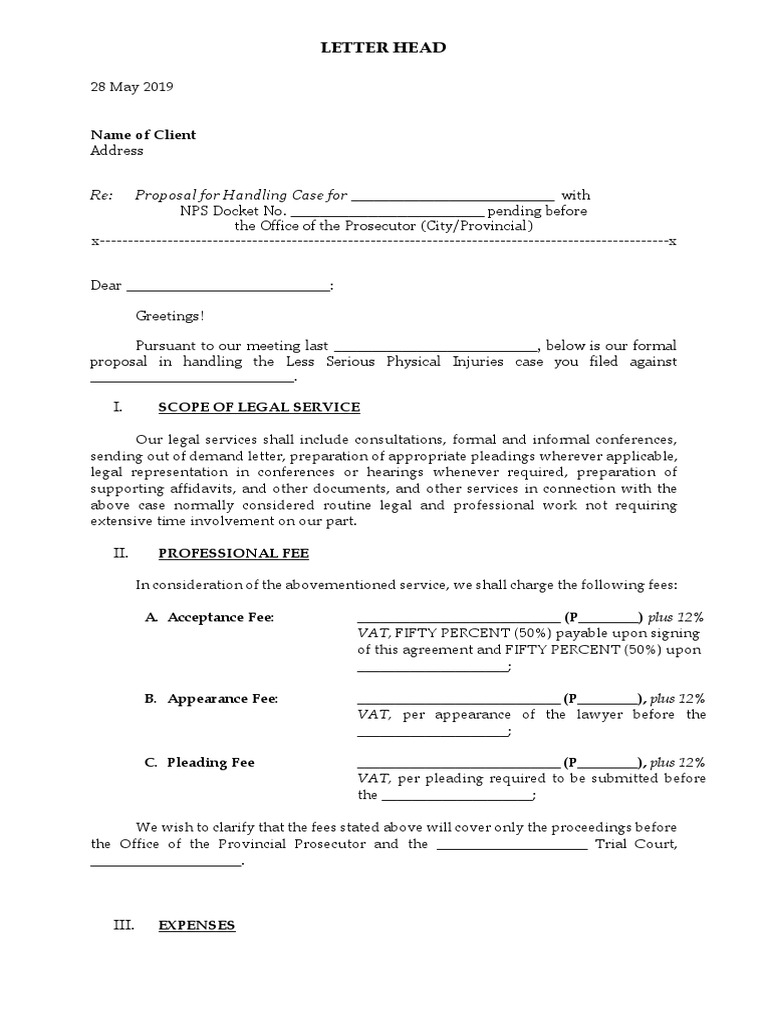Proposal For Legal Services Format | PDF | Lawyer | Lawsuit