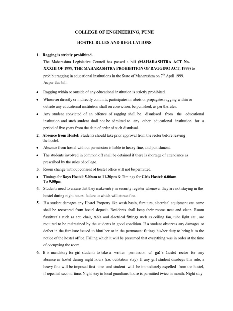 College of Engineering, Pune: Hostel Rules and Regulations | PDF ...