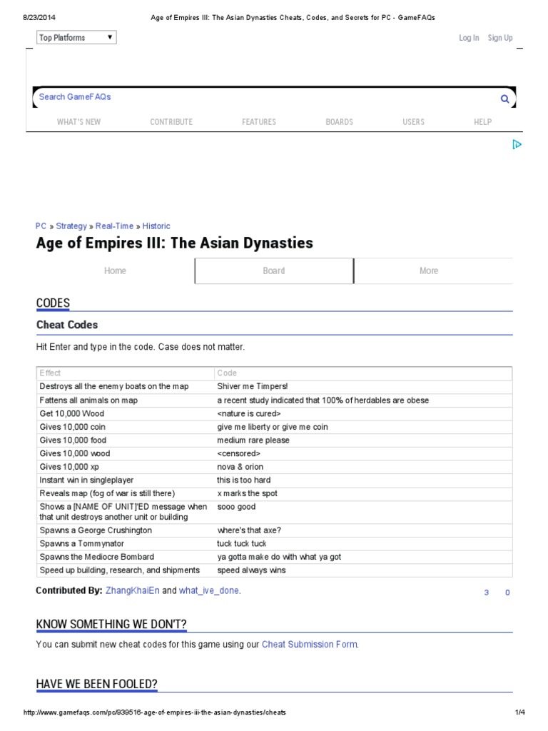 Age of Empires III - The Asian Dynasties Cheats, Codes, and Secrets For ...