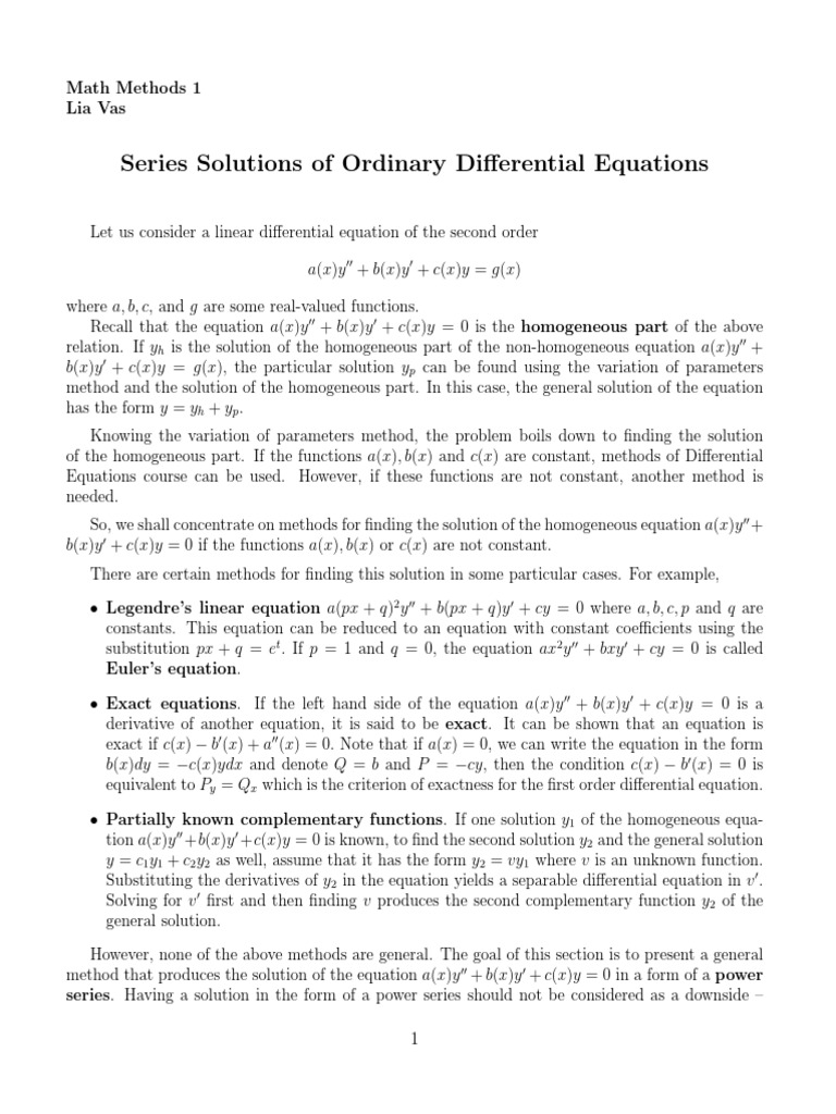 Series Solutions of Ordinary Differential Equations | PDF | Power Series | Analytic Function