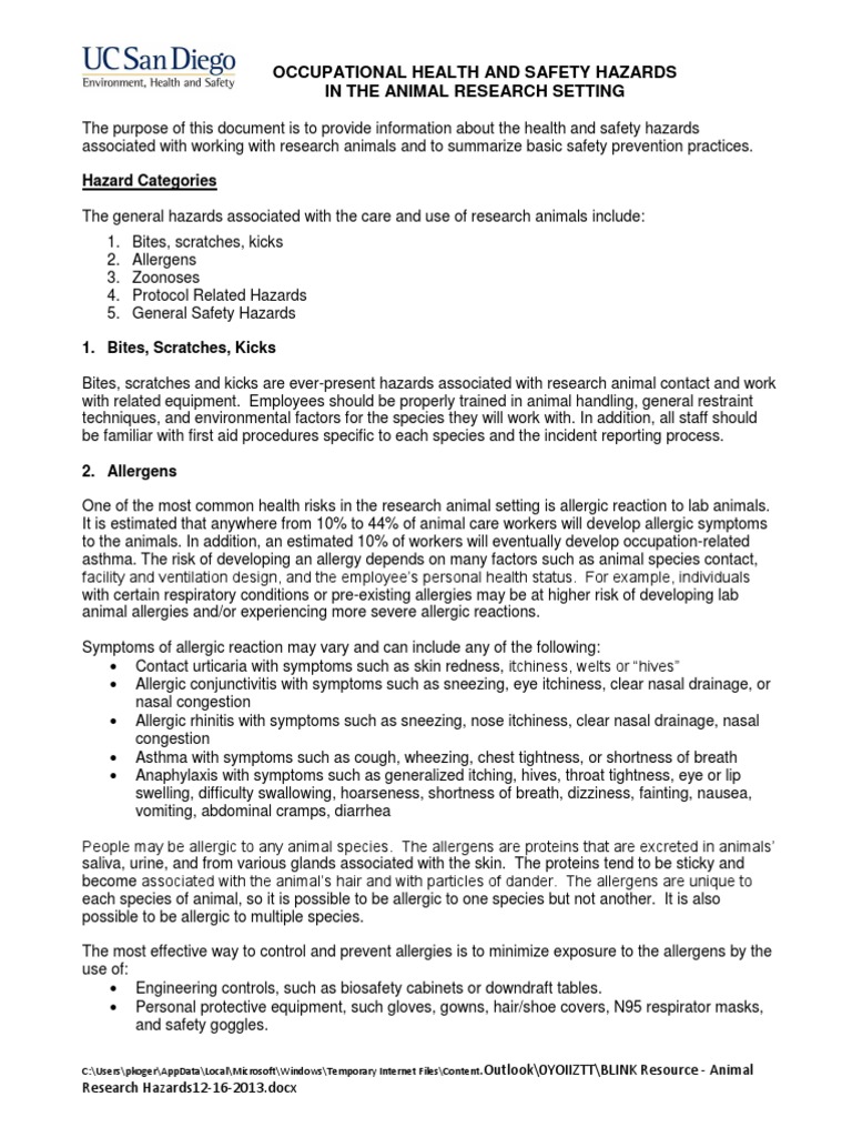 Animal Research Safety Guide | PDF | Allergy | Infection