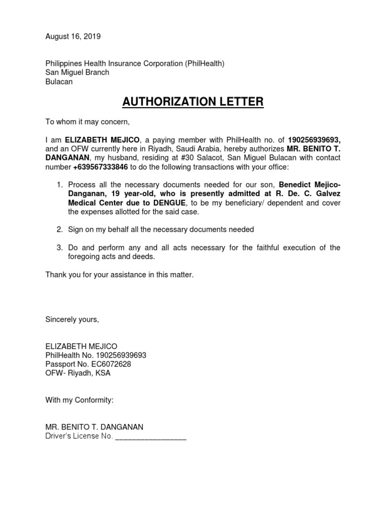 Sample Authorization Letter Philhealth | PDF