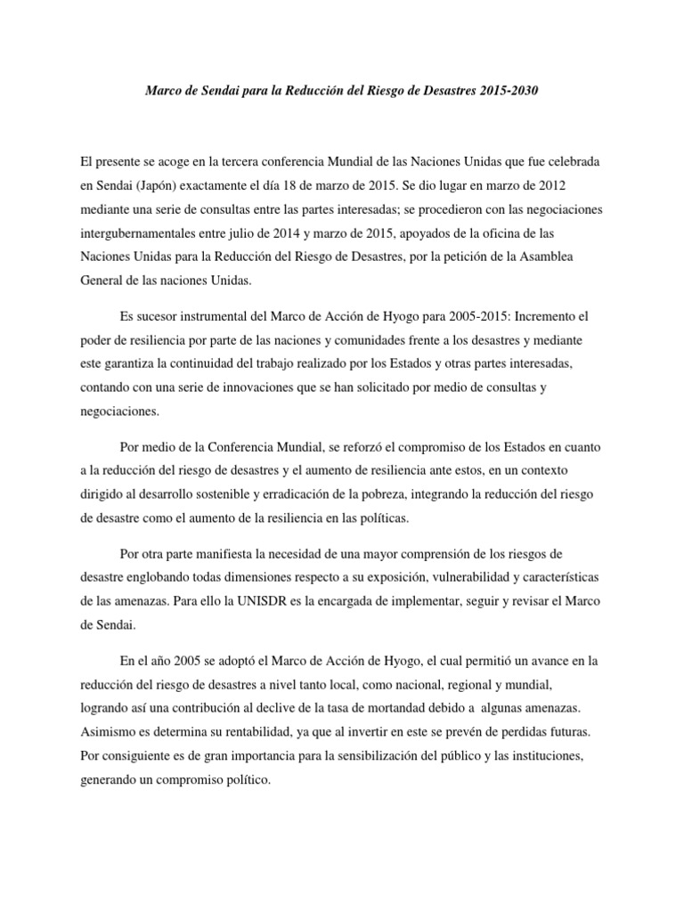 Marco de Sendai | PDF | Reducción de Desastres | Desastres y Accidentes