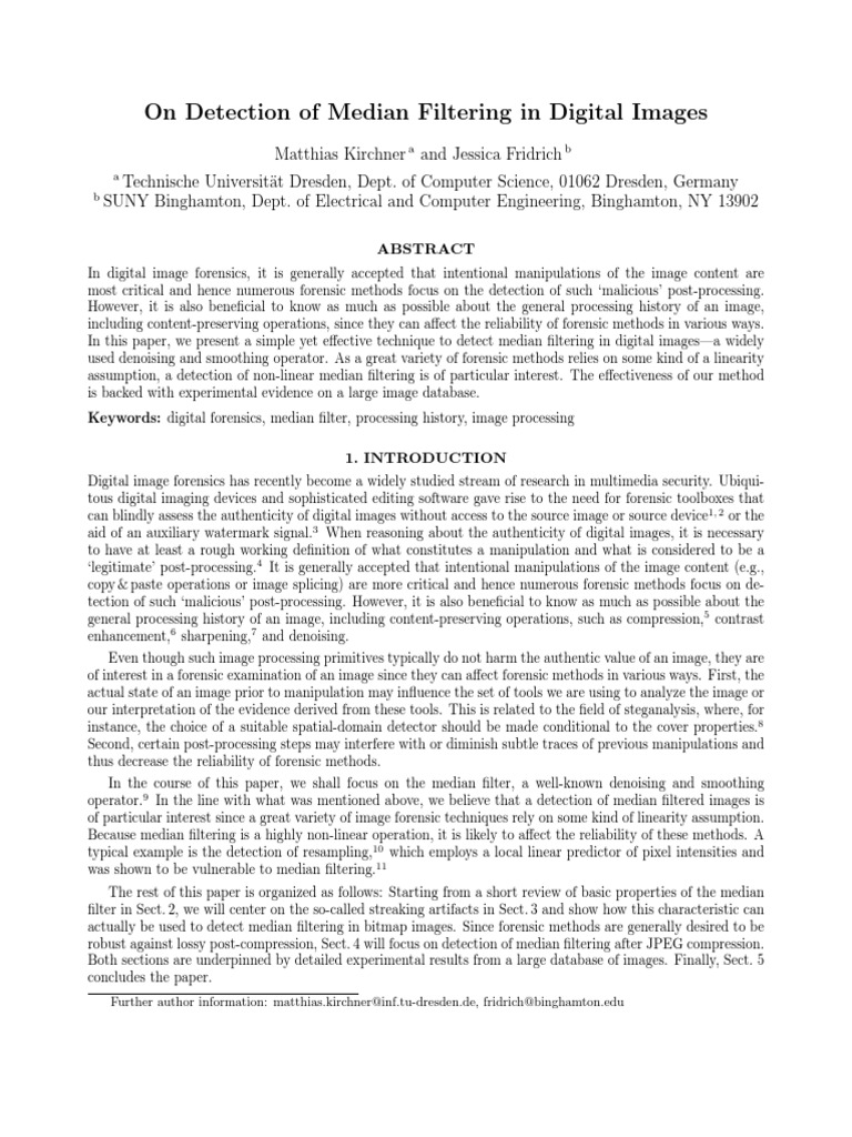 On Detection Of Median Filtering In Digital Images A B A B Pdf