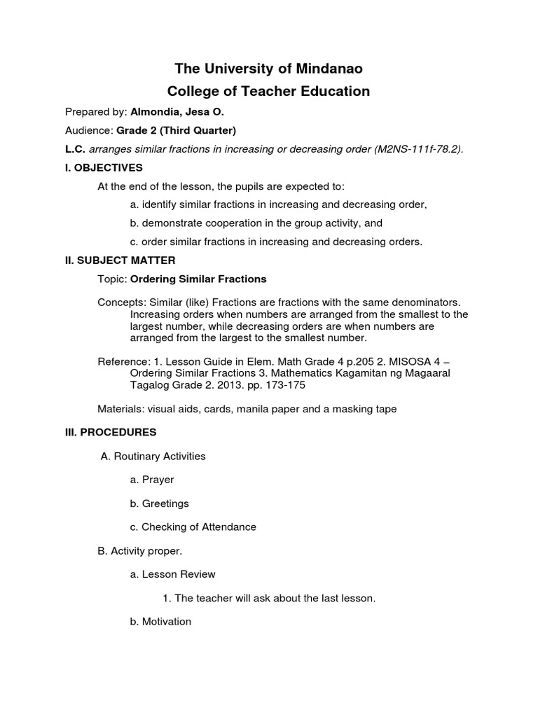Semi-Detailed 4 A's Lesson Plan | PDF | Fraction (Mathematics) | Teaching