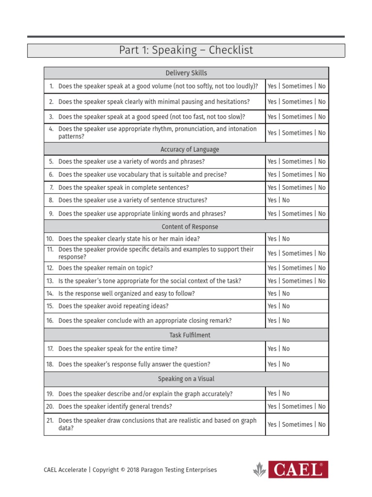 Part 1: Speaking - Checklist: Delivery Skills | PDF | Question ...