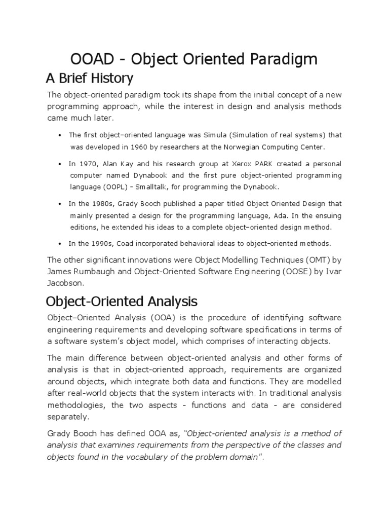 Ooad Object Oriented Paradigm A Brief History Pdf Object Oriented Programming 5112