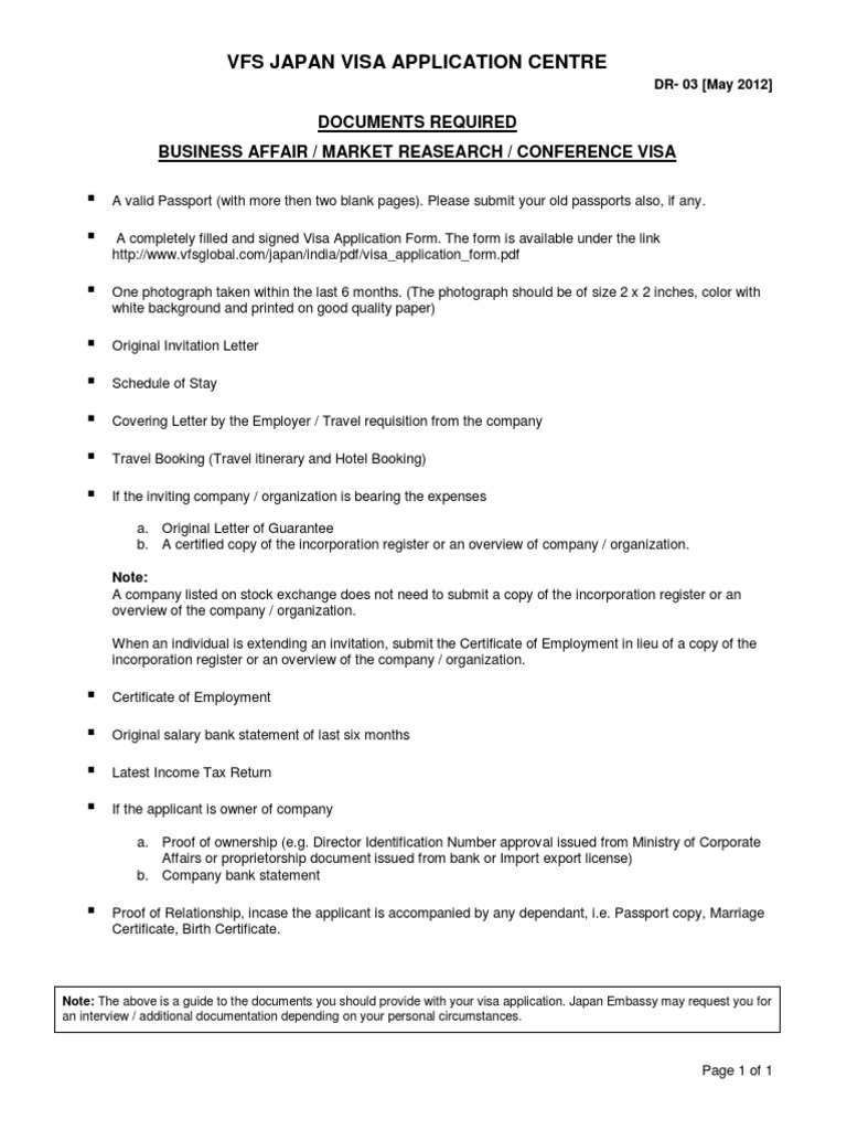 Vfs Japan Visa Application Centre: Documents Required Business Affair ...