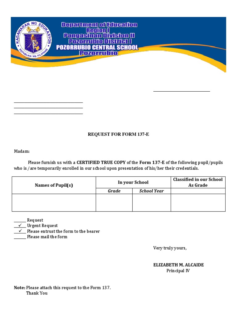 Request for Certified Form 137-E | PDF