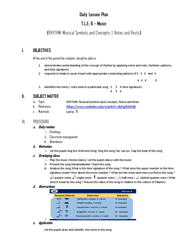 Daily Lesson Plan-Music | PDF | Logos | Rhythm