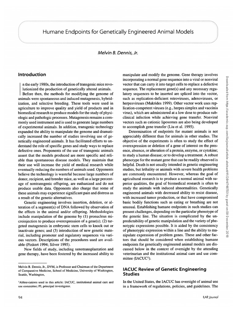 Humane Endpoints For Genetically Engineered Animal Models: Melvin B ...