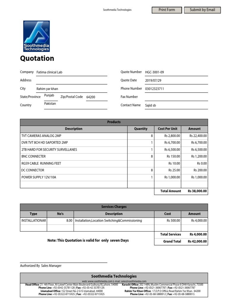 Quotation for Security Camera Installation and Equipment for Fatima Clinical Lab in Rahim Yar ...