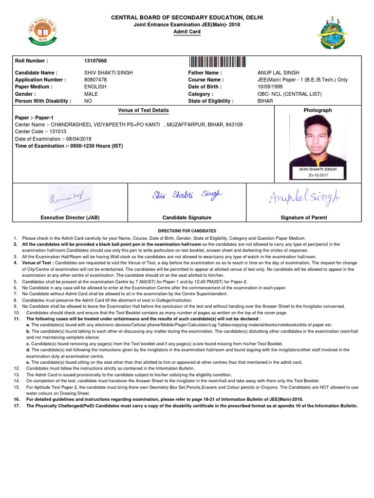 Jee Main Admit Card | PDF | Test (Assessment)