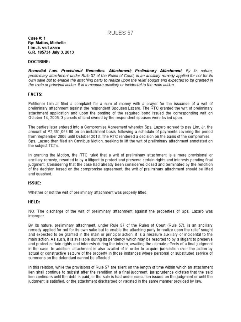 Rules 57: Case #: 1 By: Matias, Michelle Lim Jr. Vs Lazaro G.R. 185734 ...