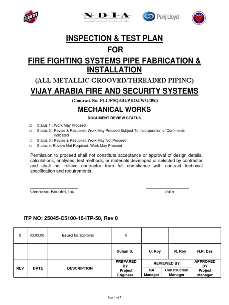 ITP Plan - FF PDF | PDF | Pipe (Fluid Conveyance) | Specification ...