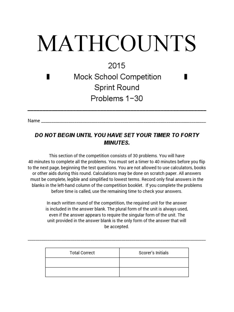Mock Math Counts School Sprint 2015 | PDF | Triangle | Numbers