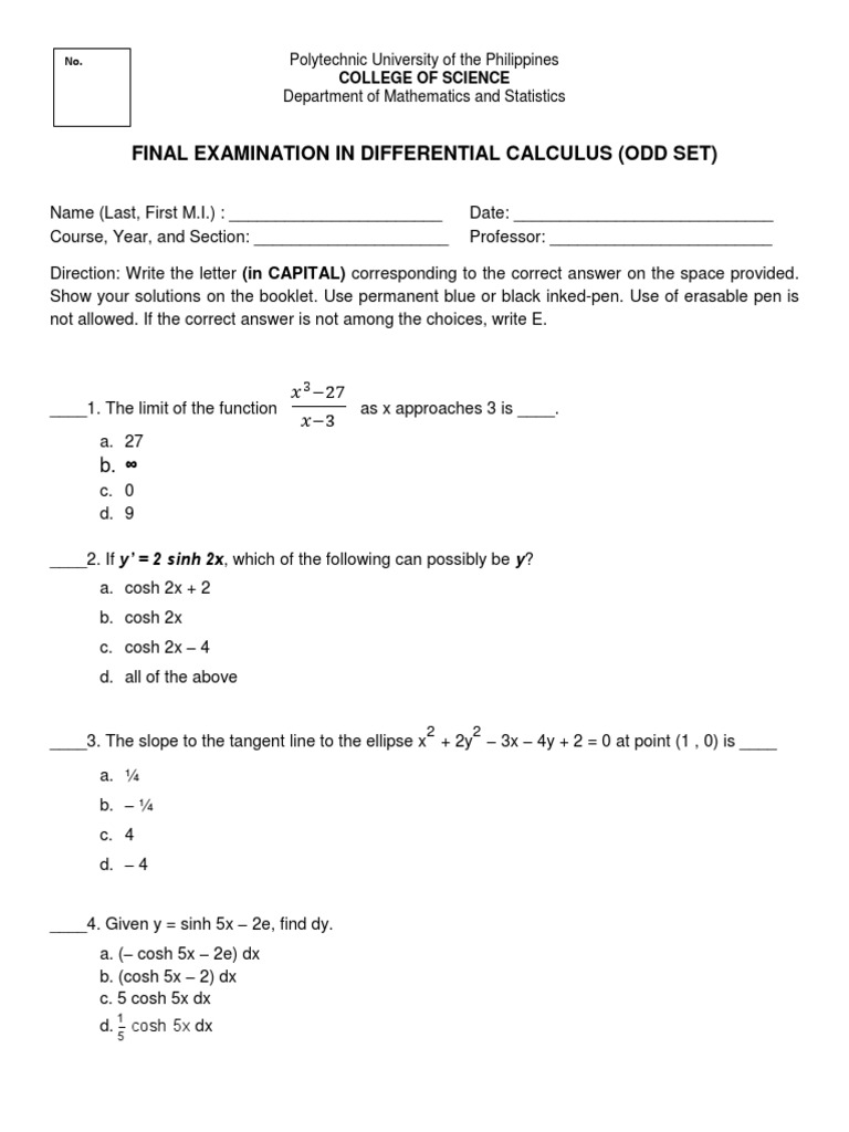 Diffcal Finals Odd 1516a | PDF | Ellipse | Derivative