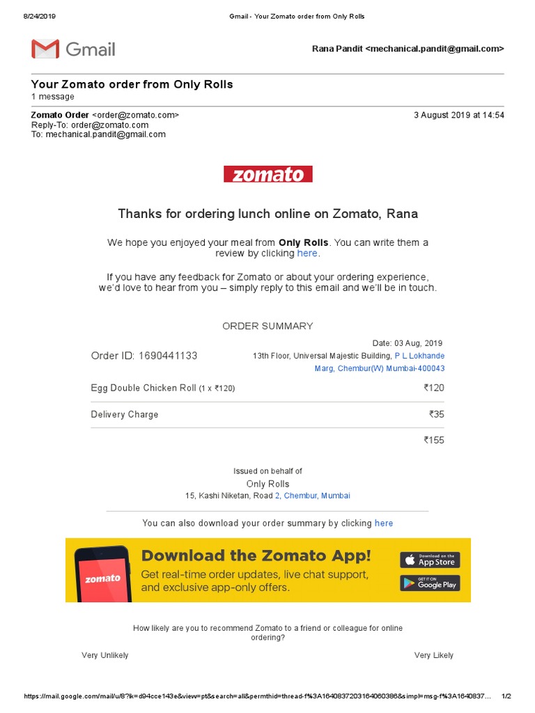 Gmail - Your Zomato Order From Only Rolls - 03.08.19 PDF | PDF | Internet
