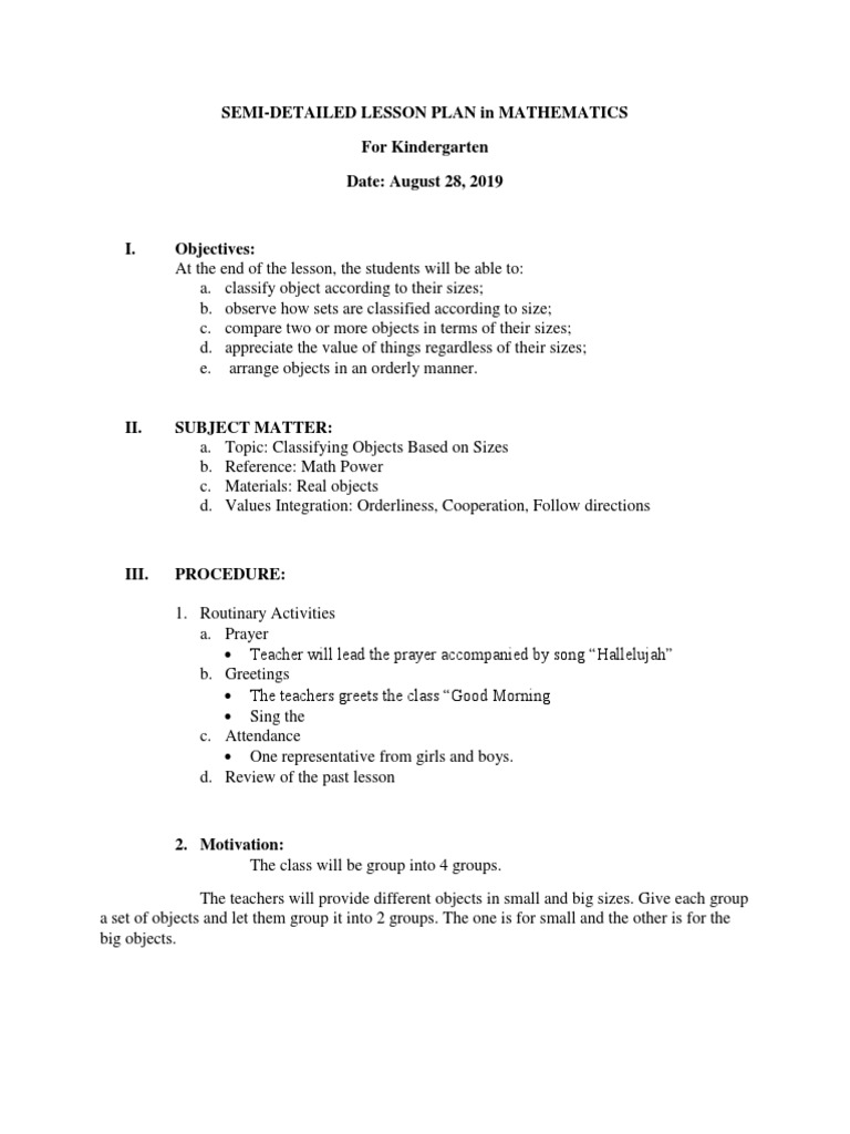 Classifying Objects Based On Sizes | PDF | Lesson Plan | Behavior ...