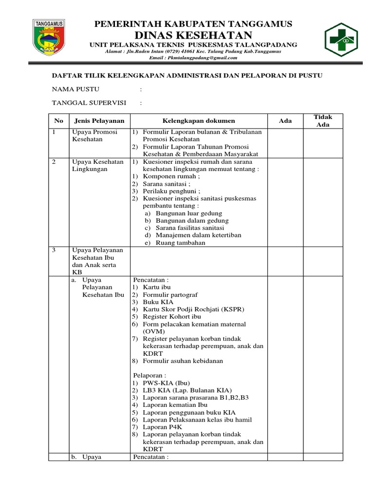 DAFTAR TILIK KELENGKAPAN ADMINISTRASI DAN PELAPORAN DI PUSTU | PDF