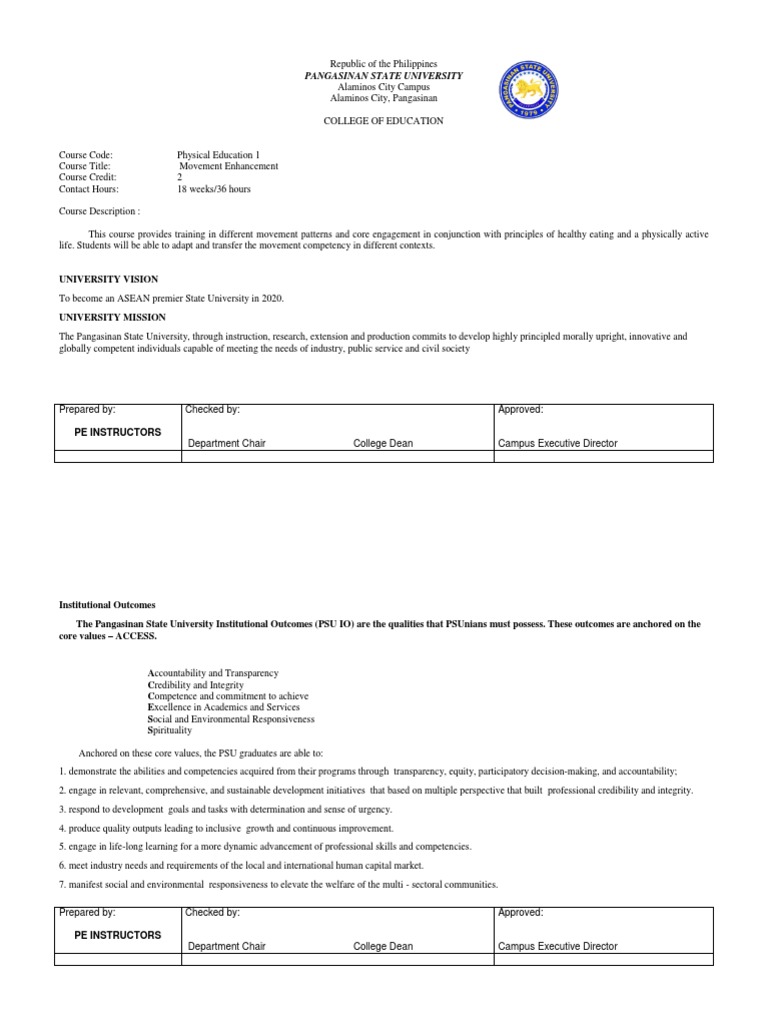 Pe 1 Syllabus | PDF | Physical Education | Learning