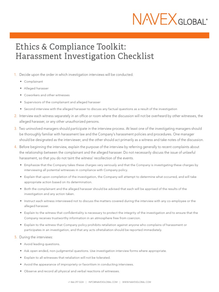 Ethics & Compliance Toolkit: Harassment Investigation Checklist | PDF ...
